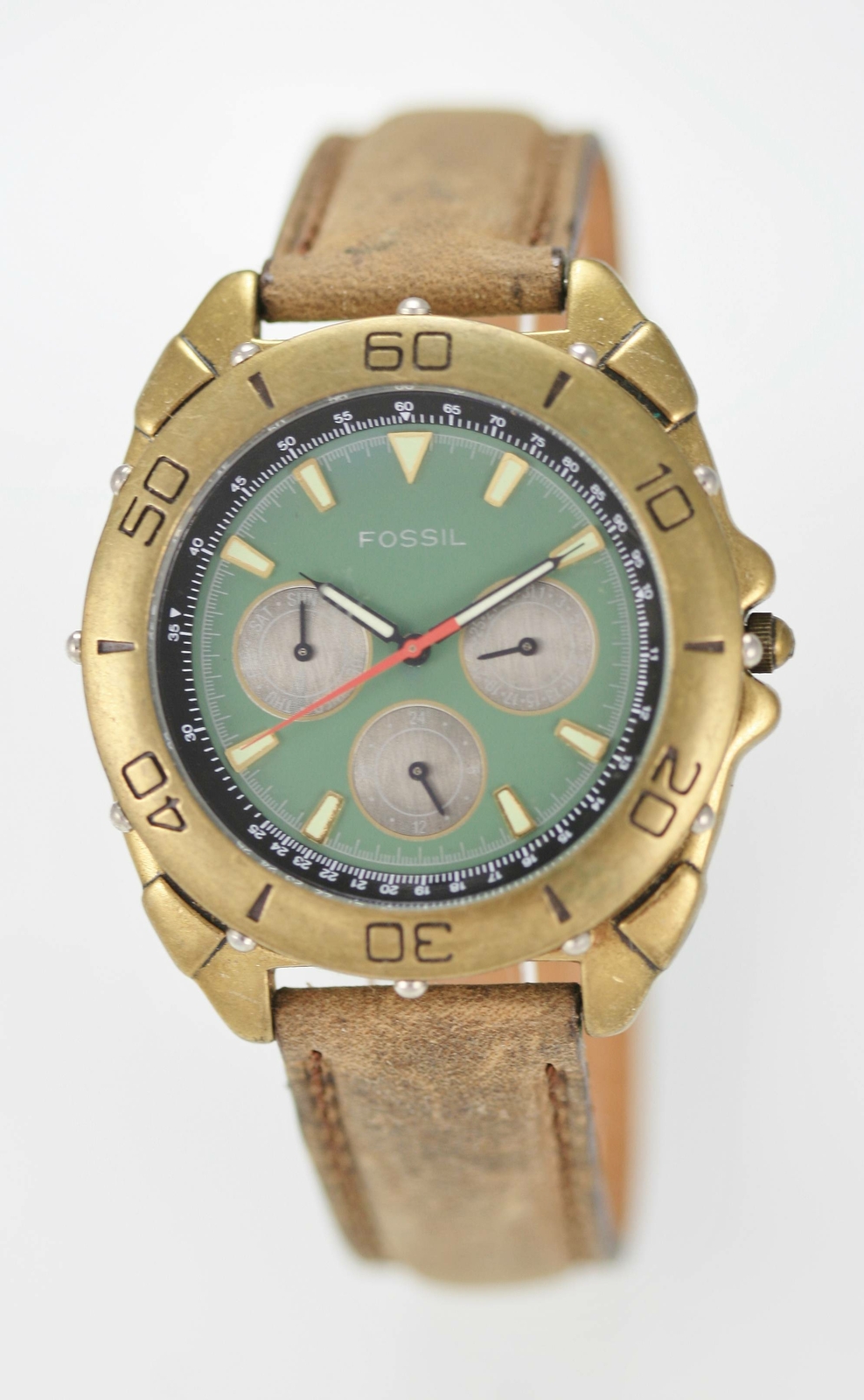 Fossil Watch Mens Day Date 24hr Gold Stainless Steel Brown Leather ...