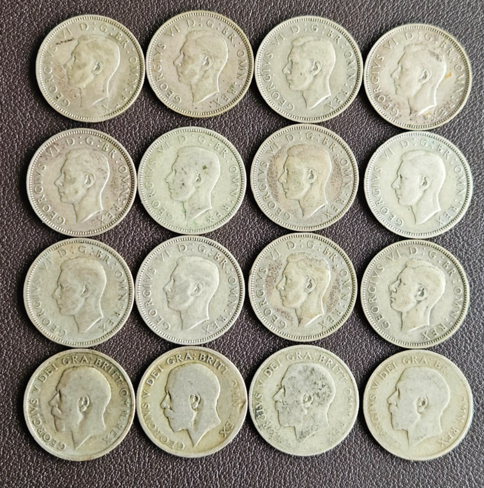 16 x British Pre-1947 Silver One Shilling Silver Coins Job Lot 88g ...