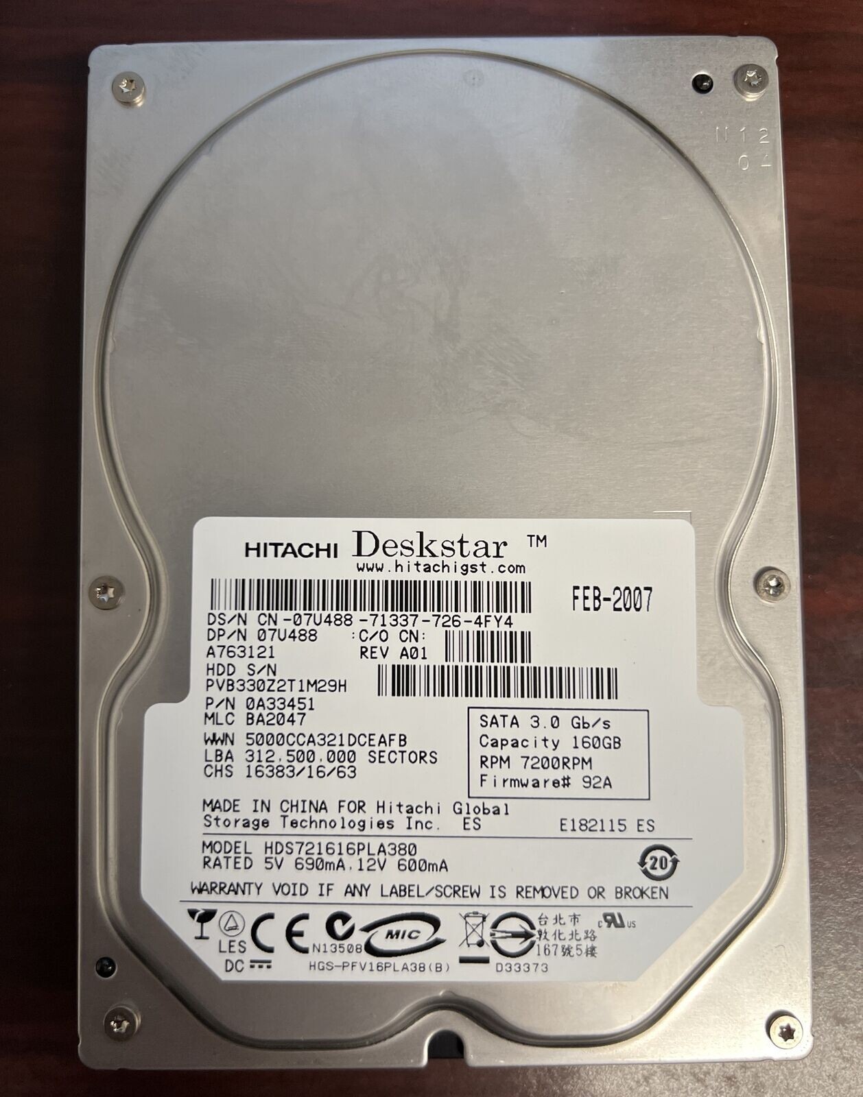 HDS721616PLA380 Hitachi Deskstar 160GB 3.5" SATA Desktop Hard Drive ...
