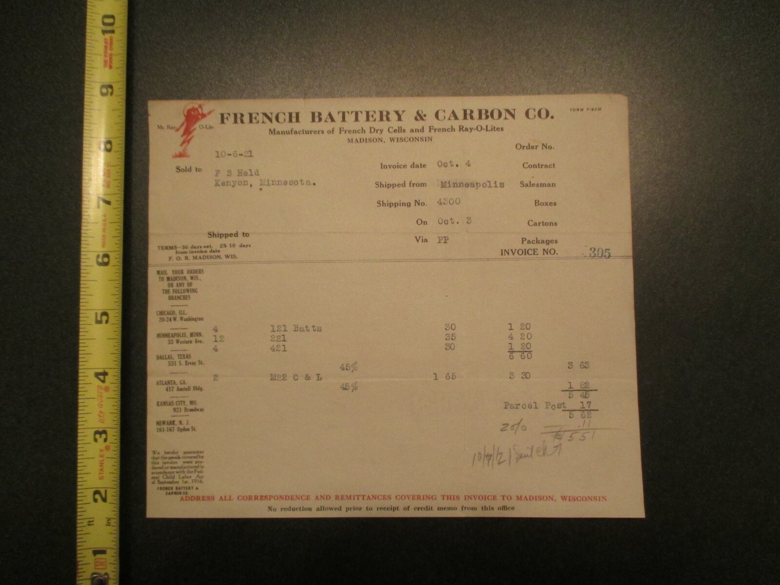French Battery & carbon co Madison Wisconsin WI 1921 Letterhead 329 | eBay