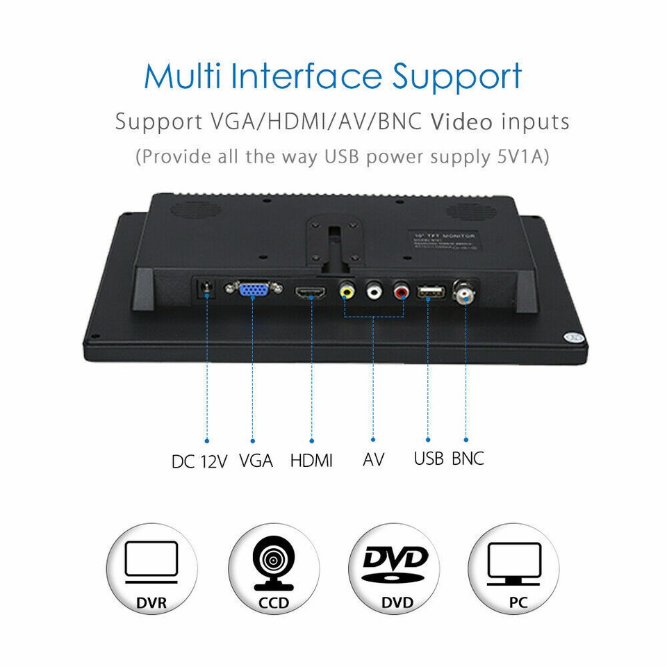 10.1" IPS LCD Security Monitor AV HDMI BNC VGA Input Color Screen For ...