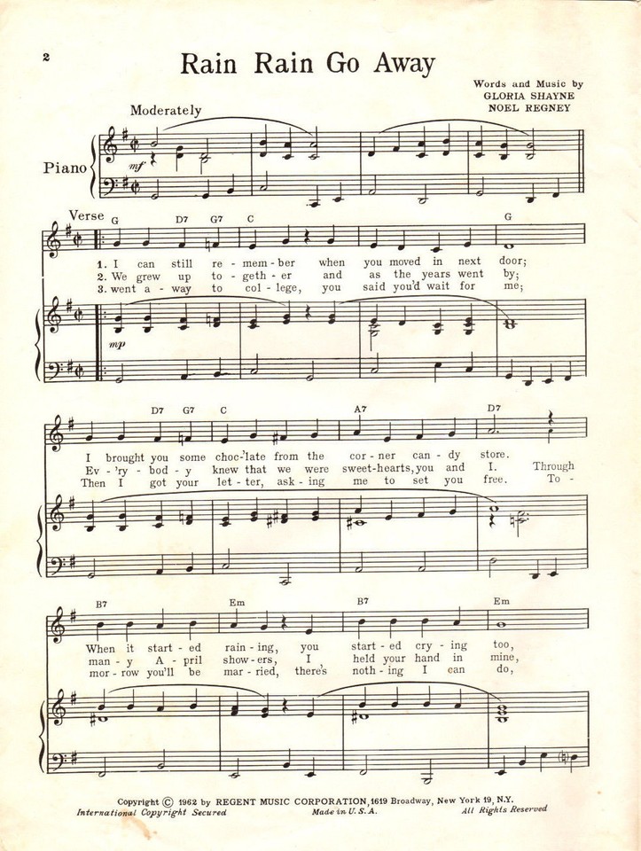 RAIN RAIN GO AWAY Music Sheet-1962-GLORIA SHAYNE/NOEL REGNEY-BOBBY ...