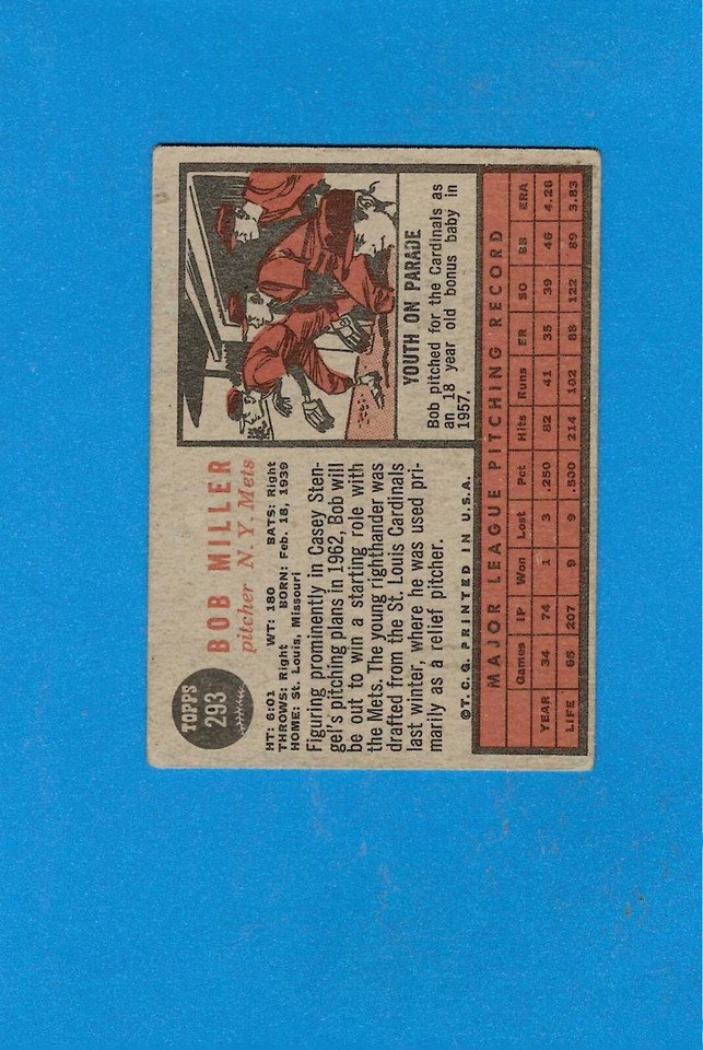 1962 TOPPS #293 Bob Miller Mets EX | eBay