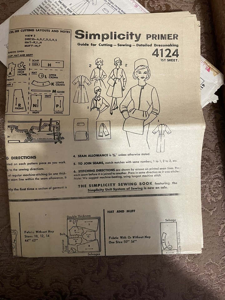 4124 Simplicity Dress Pattern With Hat Muff Scarf Size 14 Vintage 1962 ...