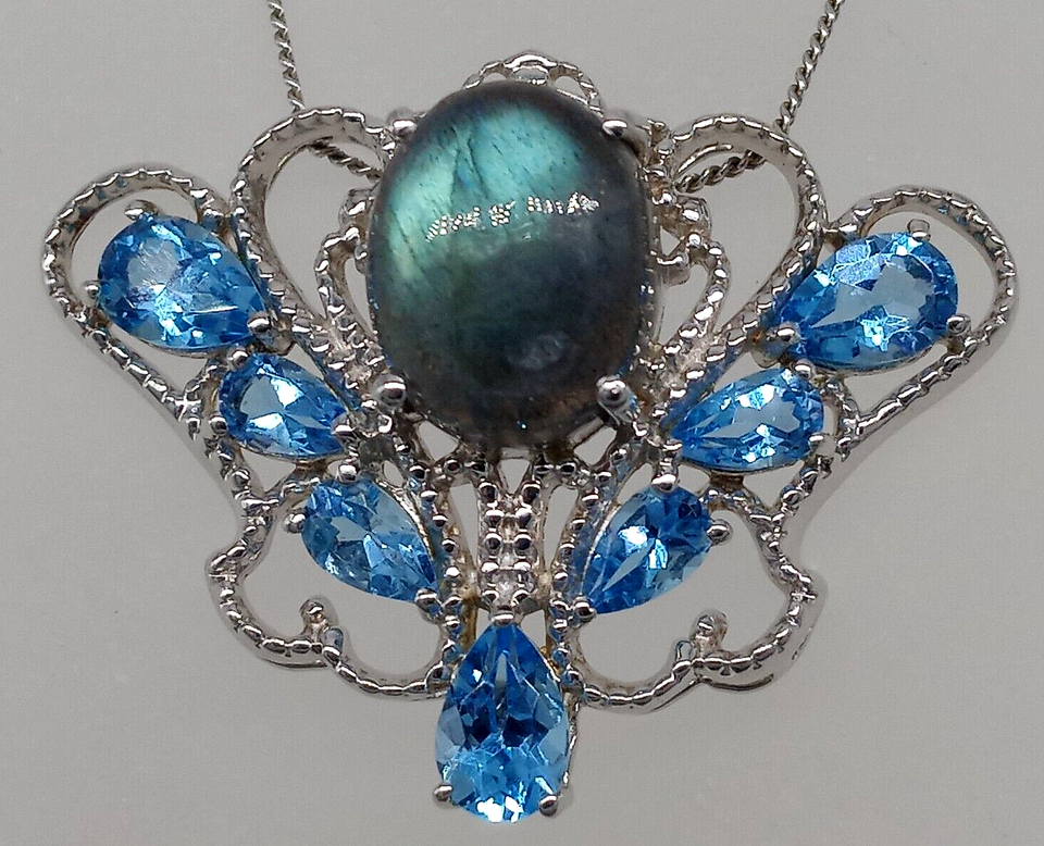 Chuck Clemency Labradorite Blue Topaz Pendant Necklace STS 925 Sterling ...