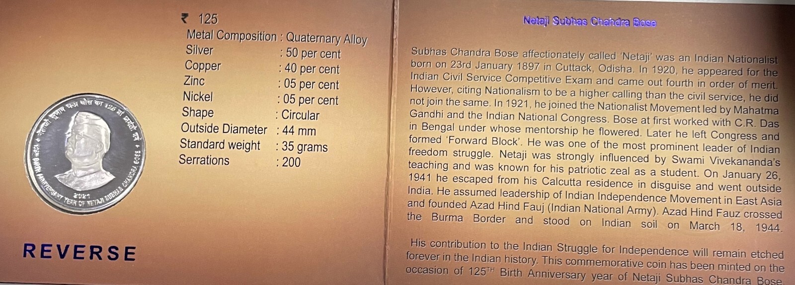 India Rupee 125 PROOF COIN 125T BIRTH ANNIV NETAJI SUBHAS CHANDRA BOSE ...