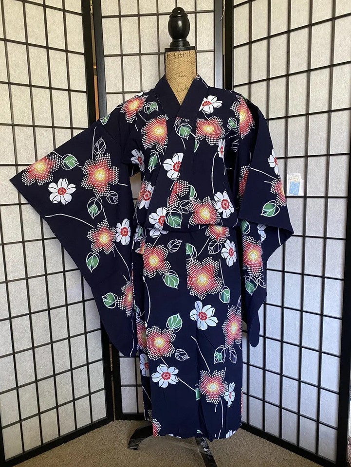 (S) Blue YUKATA Furisode Style Cotton kimono indigo Flower White Red ...