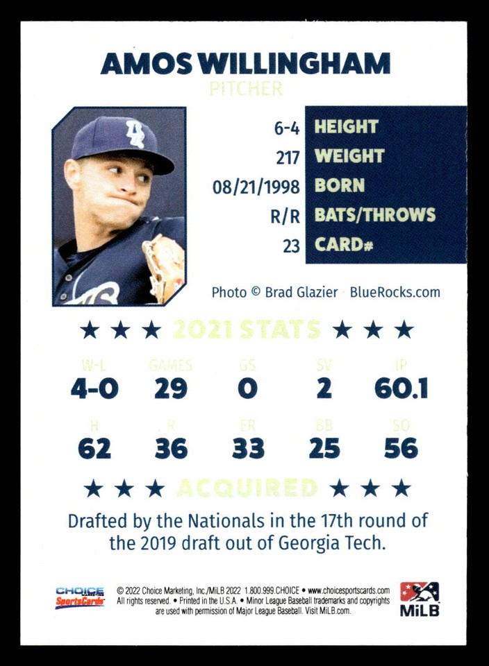 Amos Willingham 2022 Choice Wilmington Blue Rocks #23 Wilmington Blue ...