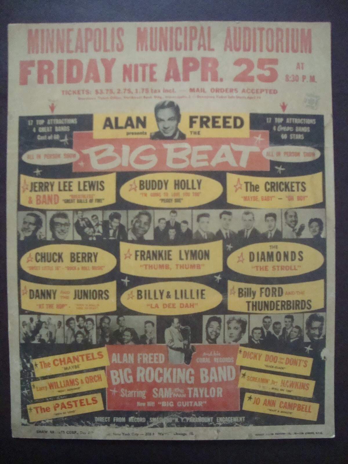 1958 ALAN FREED BUDDY HOLLY CHUCK BERRY MINNEAPOLIS CARDBOARD CONCERT ...