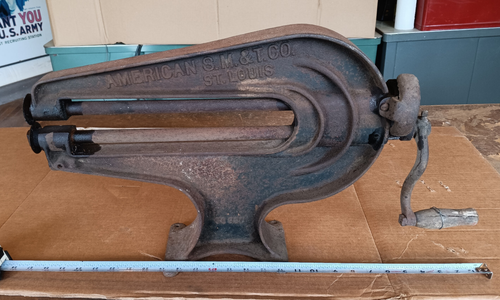 antique cast iron hand crank leather working tool American SM&T cutter ...