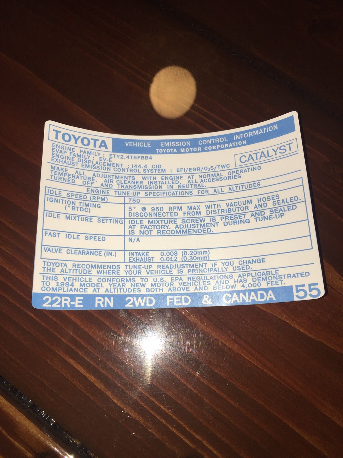 1984 Toyota Pickup Truck/4runner Emissions Decal Repro Sticker 2wd 22re ...