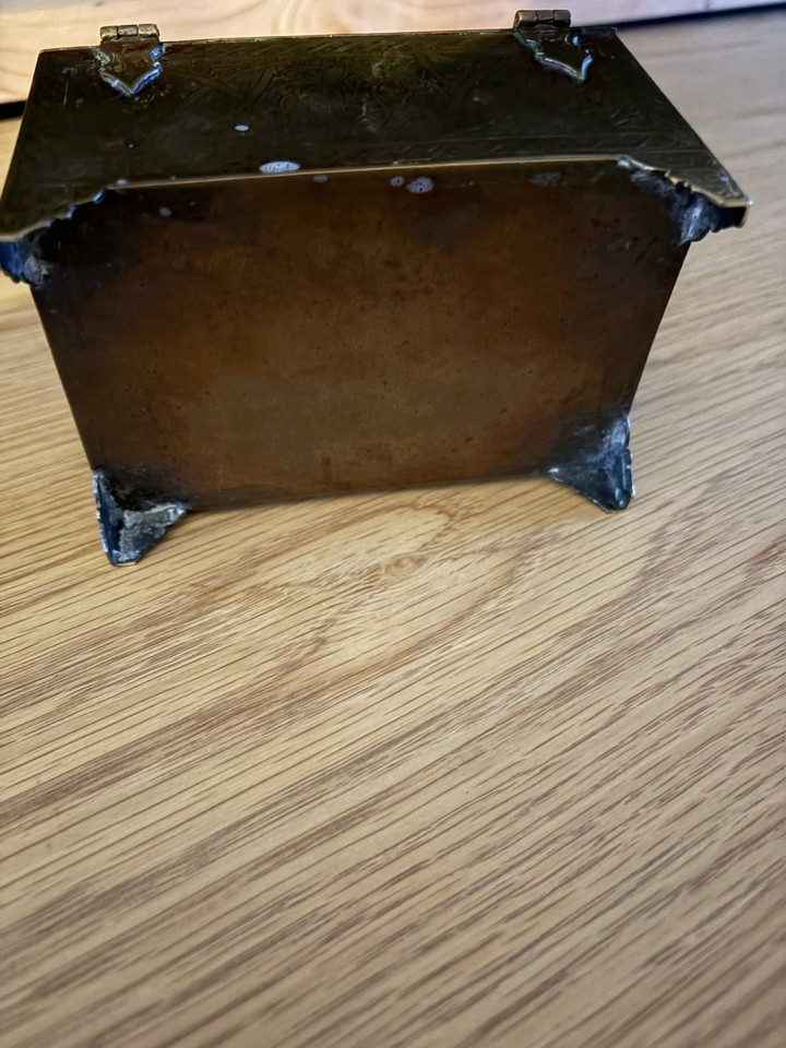 Antique Engraved Brass Casket Box Wood Lined Script Calligraphy 5” x 3. ...