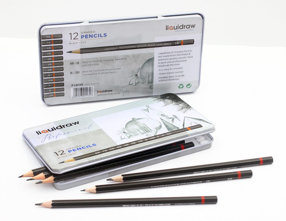 12 GRADED ART SKETCHING DRAWING PENCILS IN TIN CASE 8 SOFT SHADES 4 ...