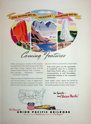 Original Union Pacific Railroad AD: UTAH. ARIZONA NAT'L PKS. COLORADO ...