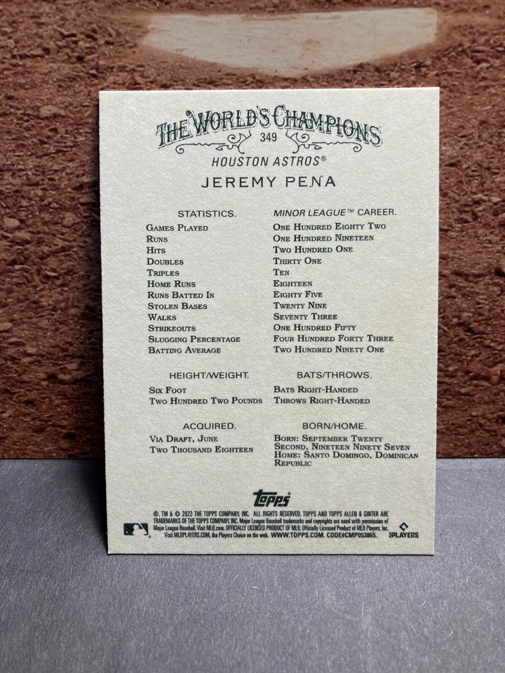 2022 Topps Allen & Ginter #349 Jeremy Pena Baseball Card Houston Astros ...