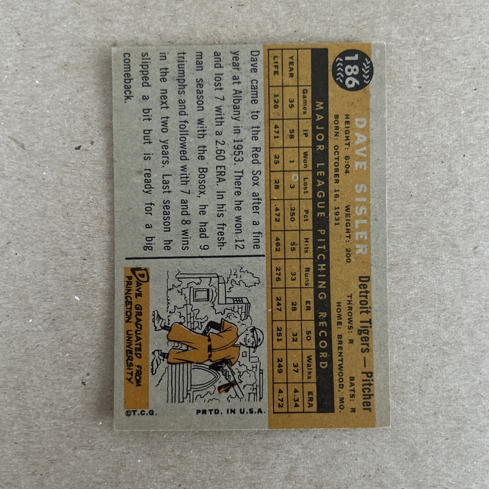 1960 Topps Baseball Dave Sisler Detroit Tigers Card #186 | eBay