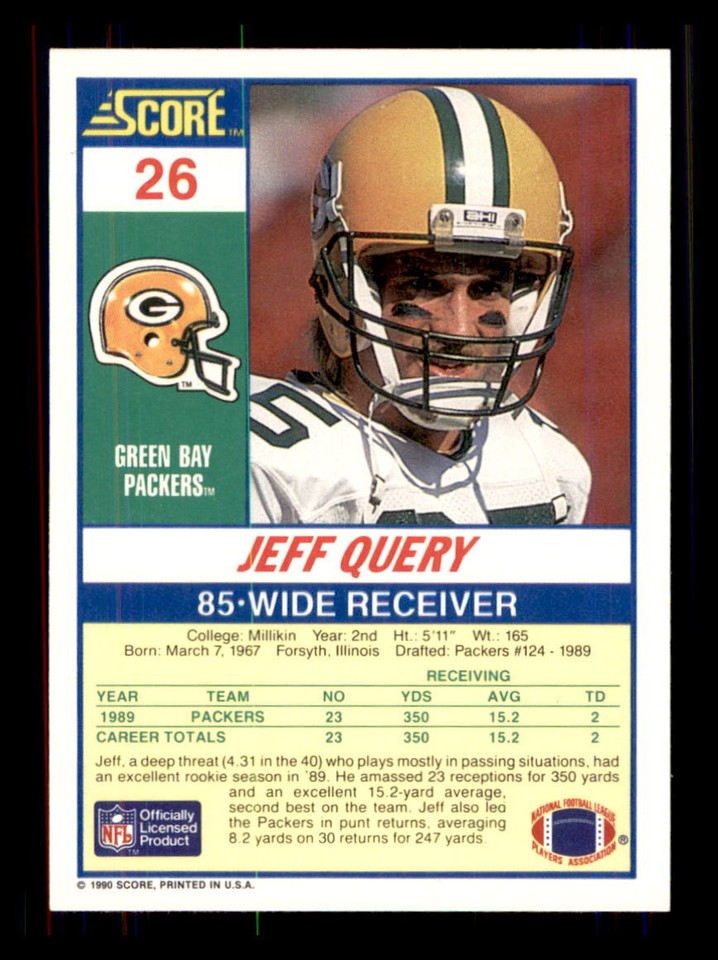 1990 Football 1990 Score Jeff Query Green Bay Packers #26 1 | eBay