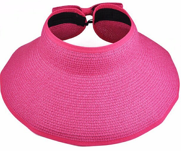 For Women Summer Straw Hat Visor Fold able Roll Up Wide Brim Open Top ...
