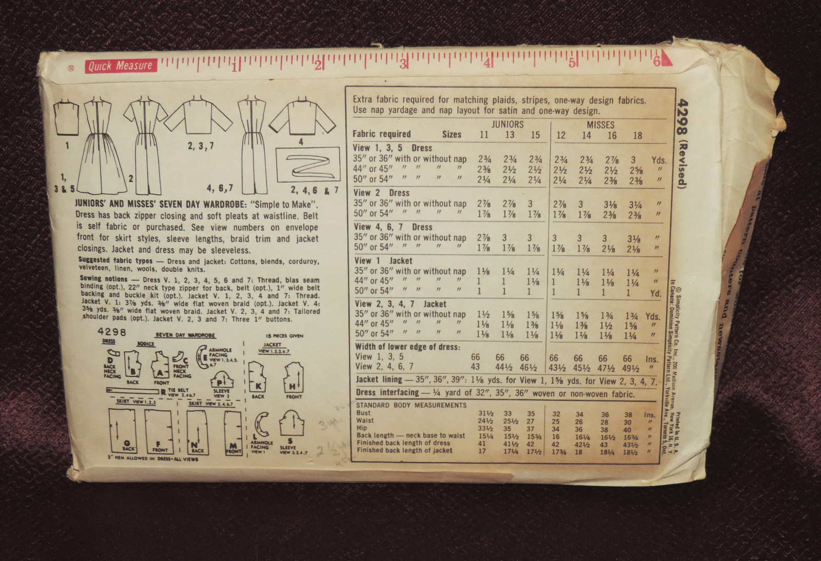 VTG Simplicity Pattern 4298 sz 15 Seven-Day Wardrobe Dress Belt Jacket ...
