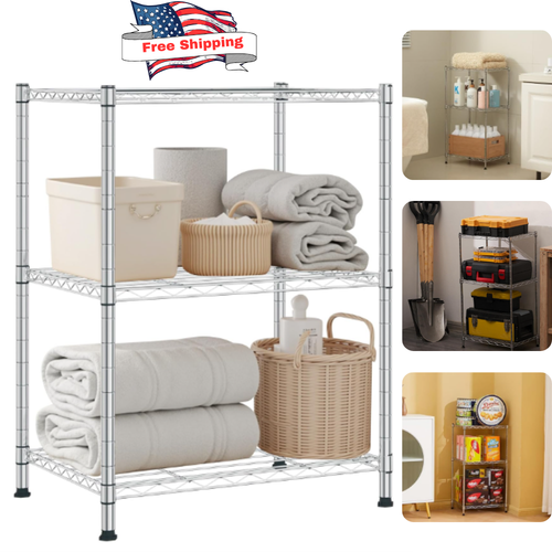 3-Tier Height-Adjustable Chrome Storage Rack and Shelving, Wire Shelf ...