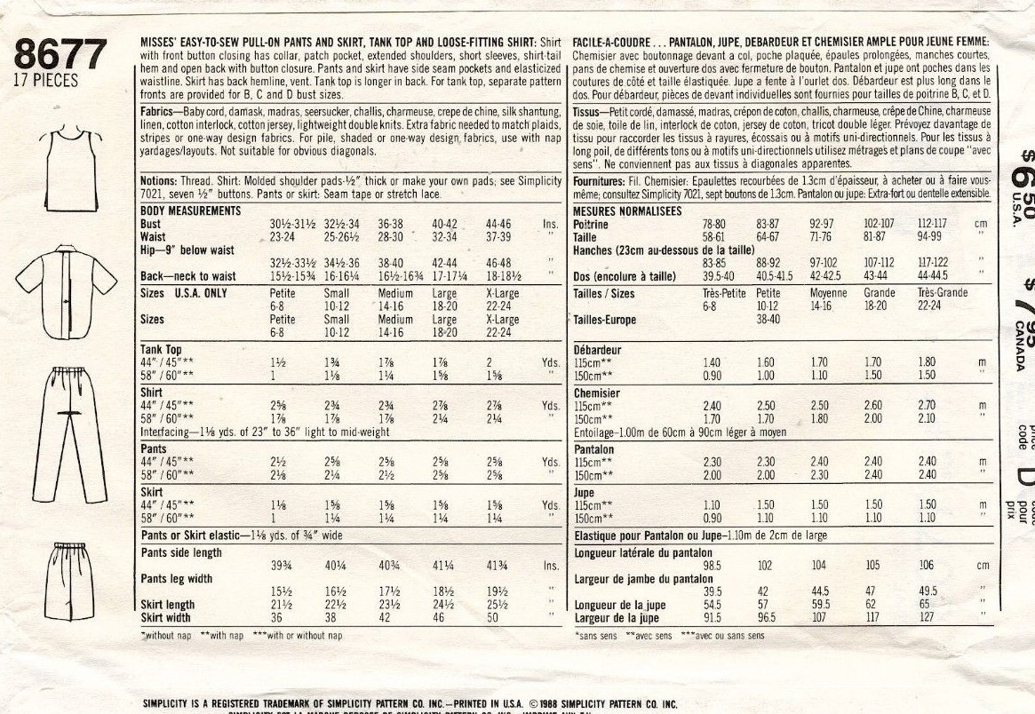 1980's VTG Simplicity Misses' Pants,Skirt,Top,Shirt Pattern 8677 Petite ...