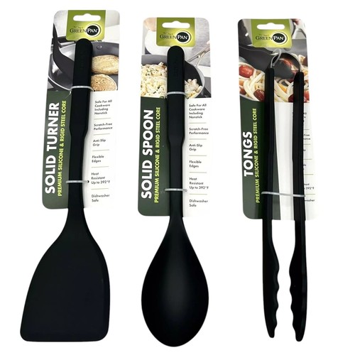 GREENPAN 3pc Spoon Turner Metal Core Silicone Utensils Set Black Heat ...