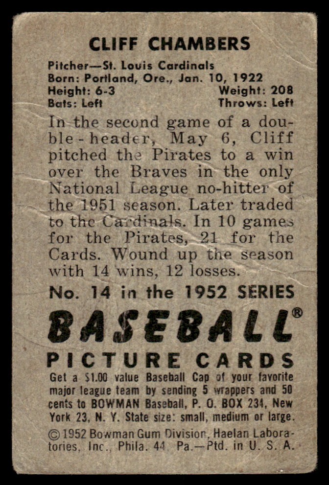 1952 Bowman (Damaged) Cliff Chambers Baseball Card St. Louis Cardinals ...