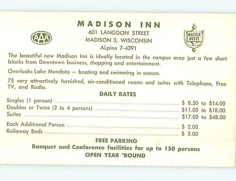 Unused Pre-1980 MADISON INN HOTEL Madison Wisconsin WI : make an offer ...