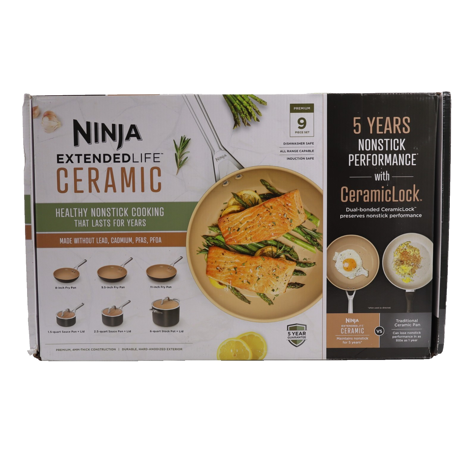Ninja Extended Life Premium Ceramic 9-Piece Cookware Set CW99009, Pots ...