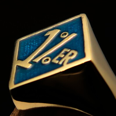 DIAMOND SHAPED MENS BRASS BIKER RING 1% ER ONE PERCENTER SYMBOL BLUE ...