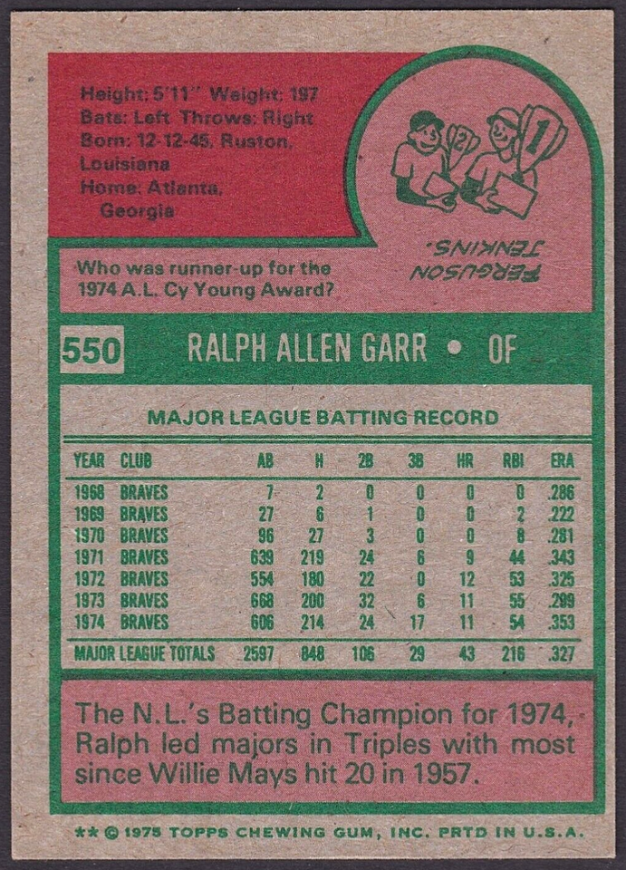 1975 Topps Baseball #550 Ralph Garr [EX/MT+] (3) | eBay