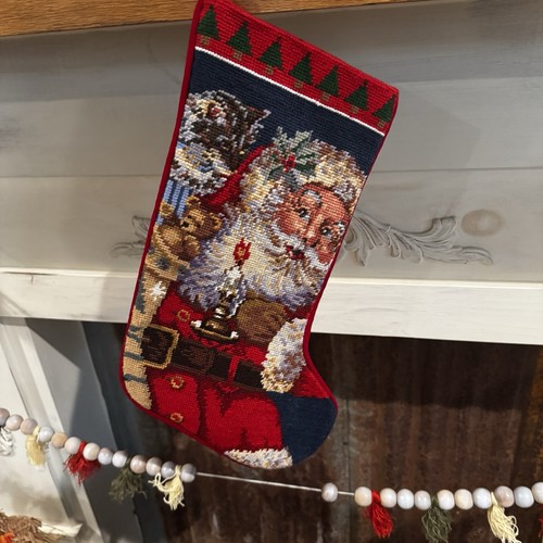 17” Santa NEEDLEPOINT Christmas Stocking Vintage Red Felt Backing | eBay