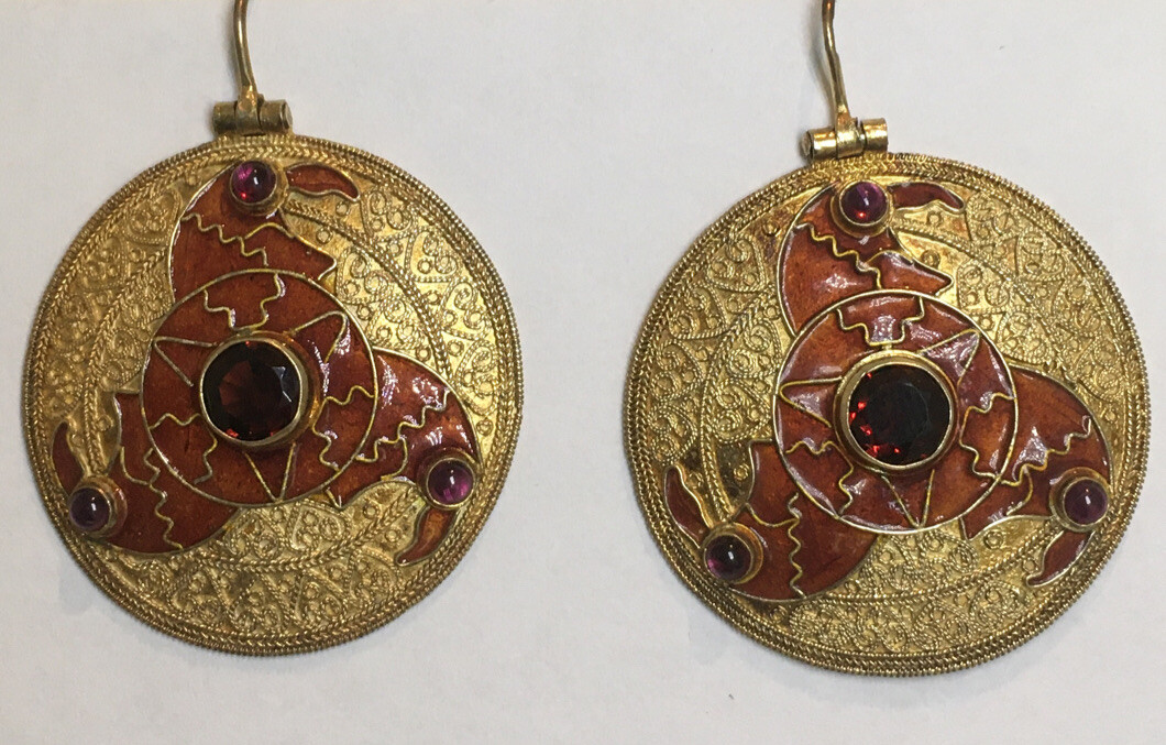 Anglo Saxon Triskelion Garnet Cloisonne Enamel Earrin… - Gem