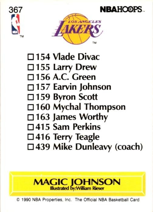 1990 NBA Hoops Magic Johnson Artist Checklist #367 Los Angeles Lakers ...