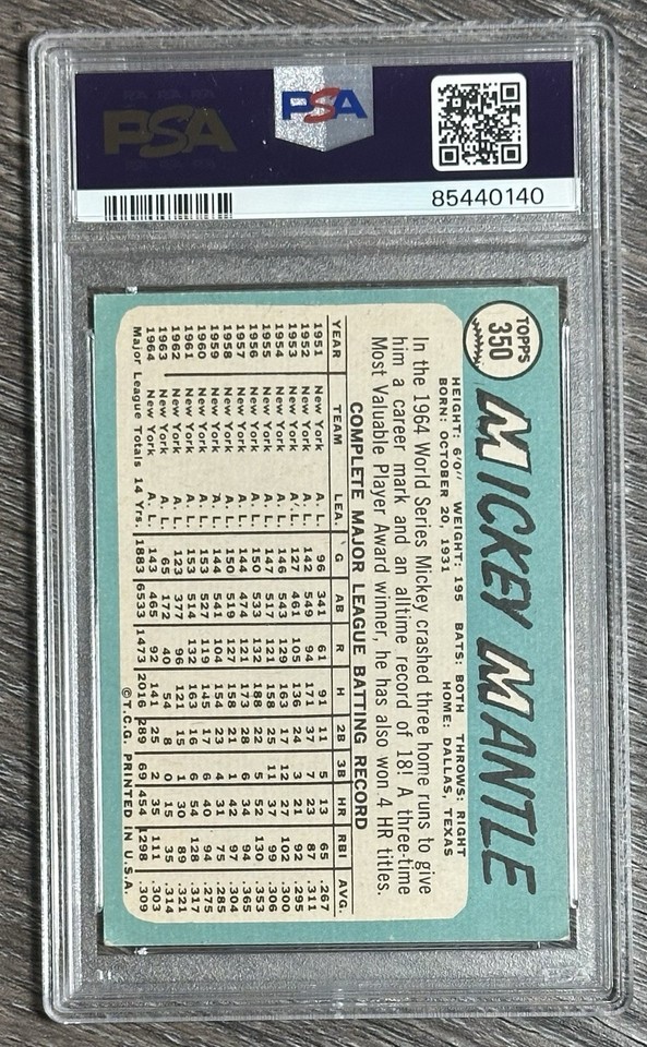 1965 Topps Mickey Mantle New York Yankees HOF Card #350 PSA VG 3 ...