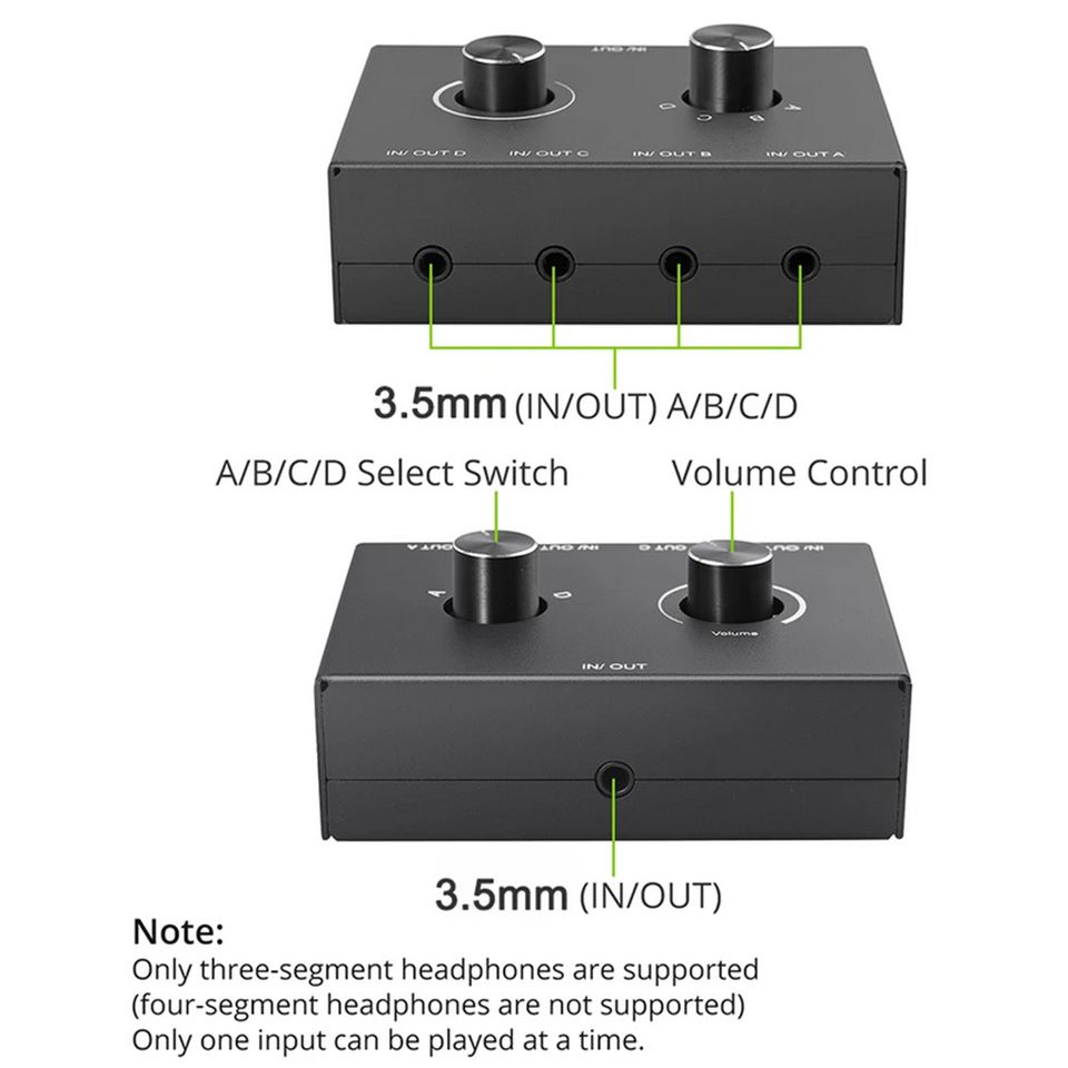 New 3.5mm Jack Audio Switcher Selector Splitter Box 4 In 1 Out / 4 In 1 ...