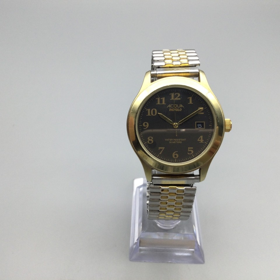 Vtg Timex Acqua Watch Men 36mm Gold Tone Indiglo Stretch Band New ...