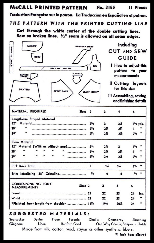 McCall 3155 Pinafore Sewing Pattern Toddler Dress Frock BONNET PANTIES ...