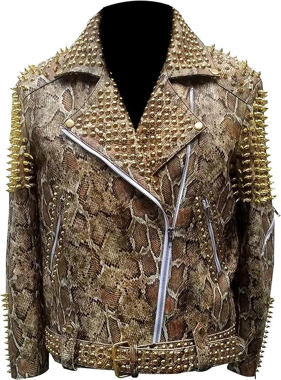 Snakeskin Print Python Textured Studded Spike Brando Motorcycle Leather ...