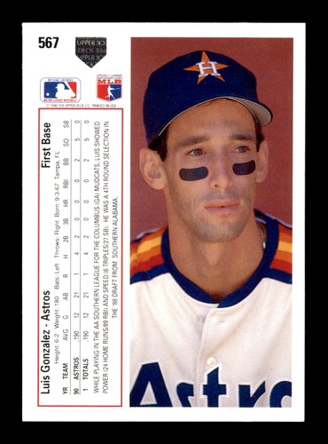 1991 Upper Deck #567 Luis Gonzalez Rookie RC Houston Astros Baseball ...
