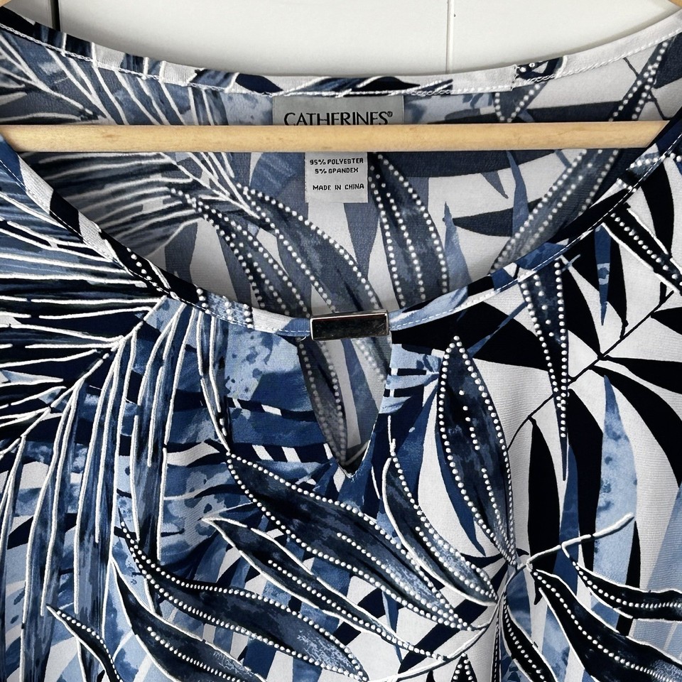 Catherines Top Size 4x Blue Print Metal Embellishment Asymmetric Hem ...