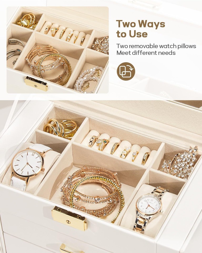 Homde Synthetic Leather Huge Jewelry Box Mirrored Watch White + Gold | eBay
