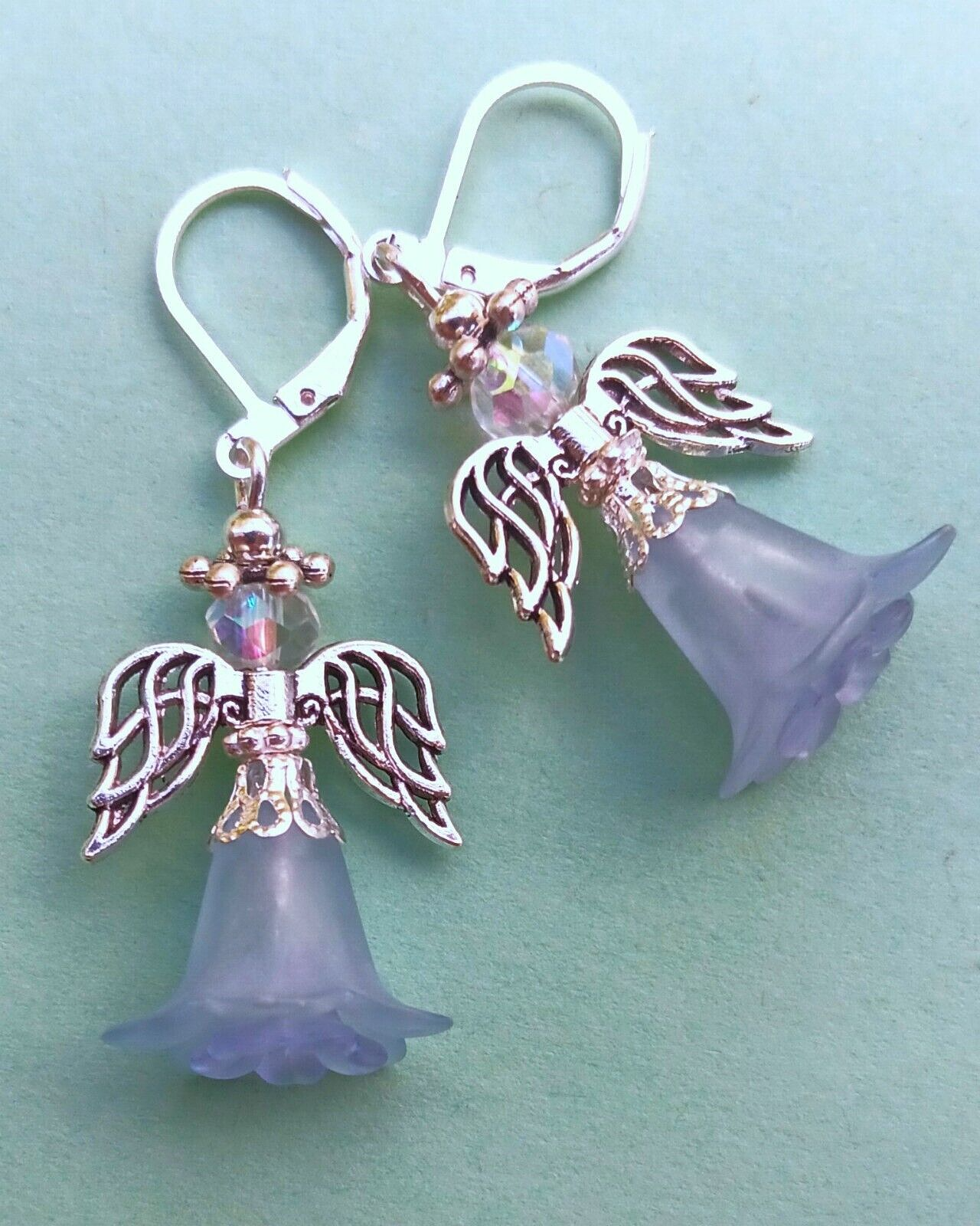 light BLUE Acrylic FLOWER ANGEL Faceted AB CRYSTAL earring SP LEVER ...