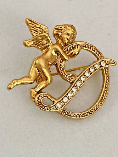 Vtg 1928 Brand Initial D Cherub Angel Cupid Rhinestone Gold Tone Brooch ...