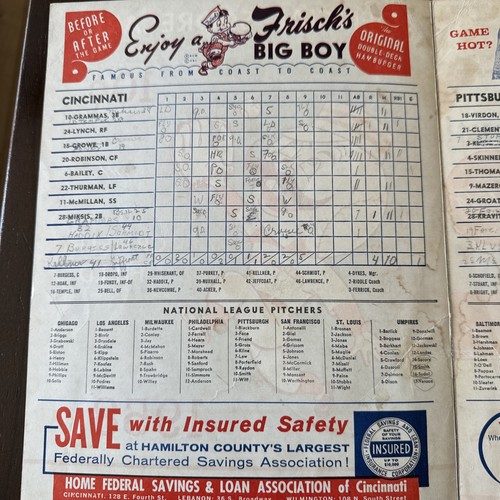 1958 CINCINNATI Reds PIRATES Scorecard Crosley Field FRANK ROBINSON ...