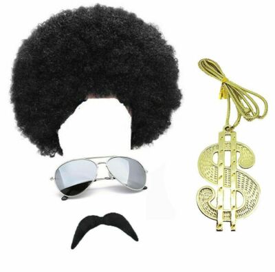 80s Afro Wig Tash Glasses Dollar Chain Adult Retro Fancy Dress Disco ...