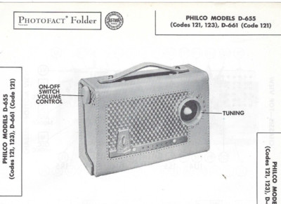 1956 PHILCO D-655 661 Portable AM RADIO Photofact MANUAL Leather D655 ...