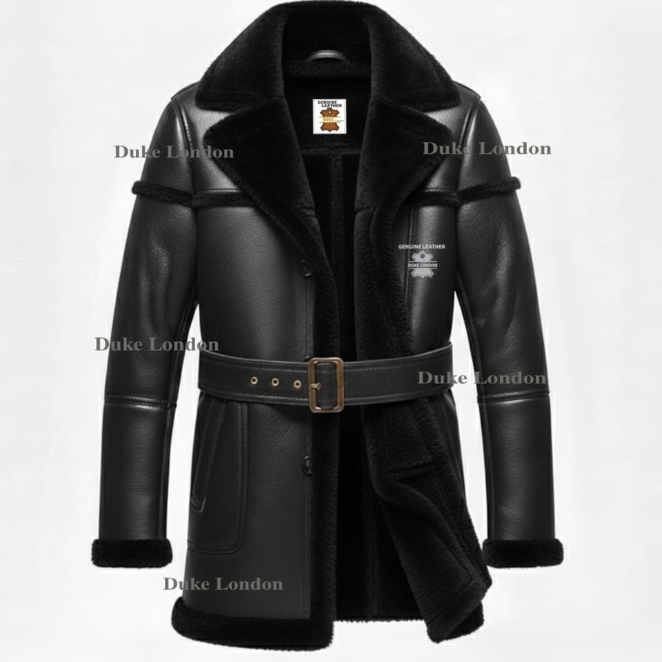 Men Real Sheep Skin Leather Long Coat Fur Vintage Retro Leisure Bomber ...