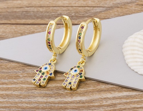 Hamsa Hand Earring Gold Plated With Multicolor Zirconias | eBay