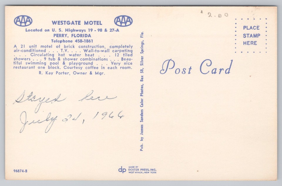 Perry FL Westgate Motel Florida Street View Swimming Pool Postcard | eBay